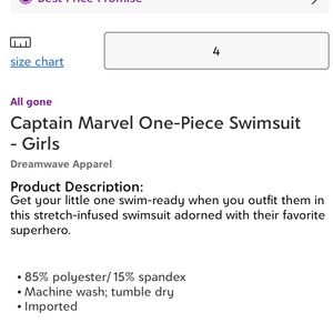 Marvel | Swim | Captain Marvel One Piece Swimsuit Girls Size 4 | Poshmark
